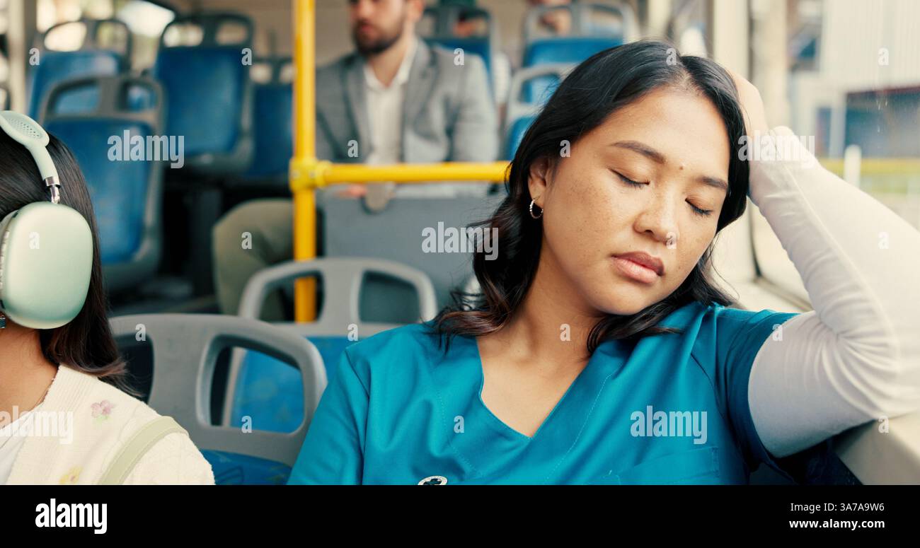 Tired nurse, woman and nap on bus for travel journey, shift burnout and ...