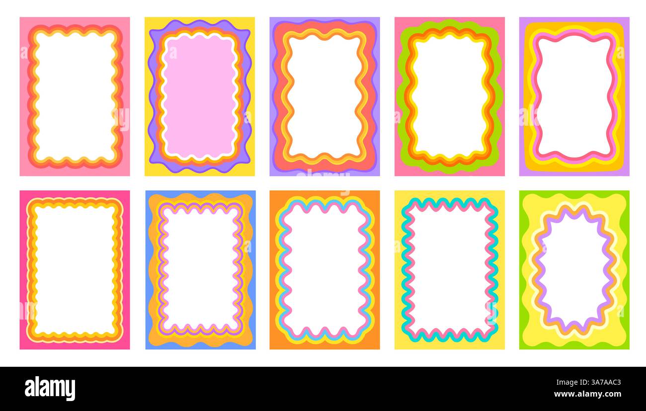 Groovy Y2K color scallop wavy frames and retro funky borders, vector ...