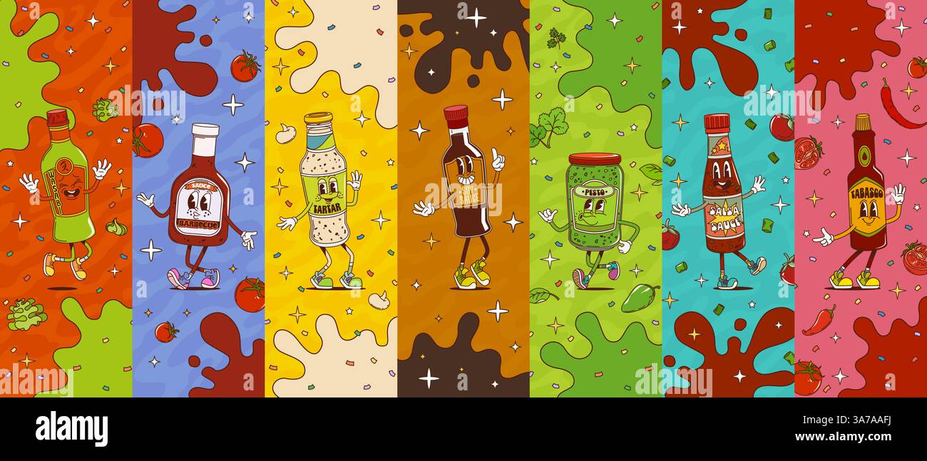 Collage of cartoon groovy sauce bottle characters. Vector playful ...