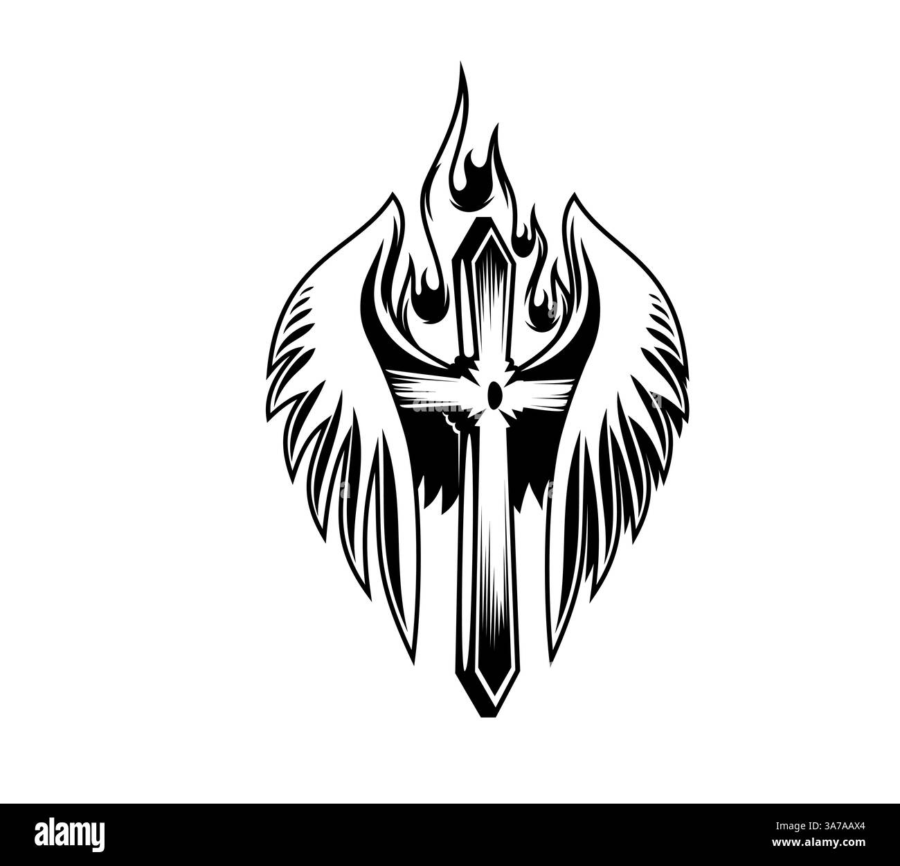 Christianity cross tattoo with fire and wings. Vector black and white ...