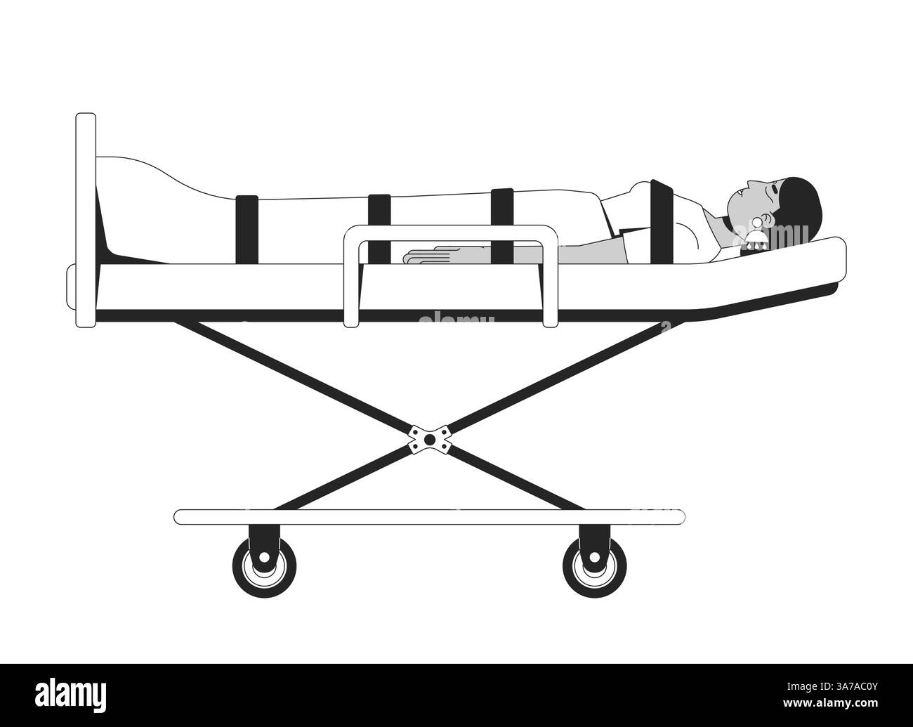Indian woman patient lying on paramedic stretcher 2D line character ...