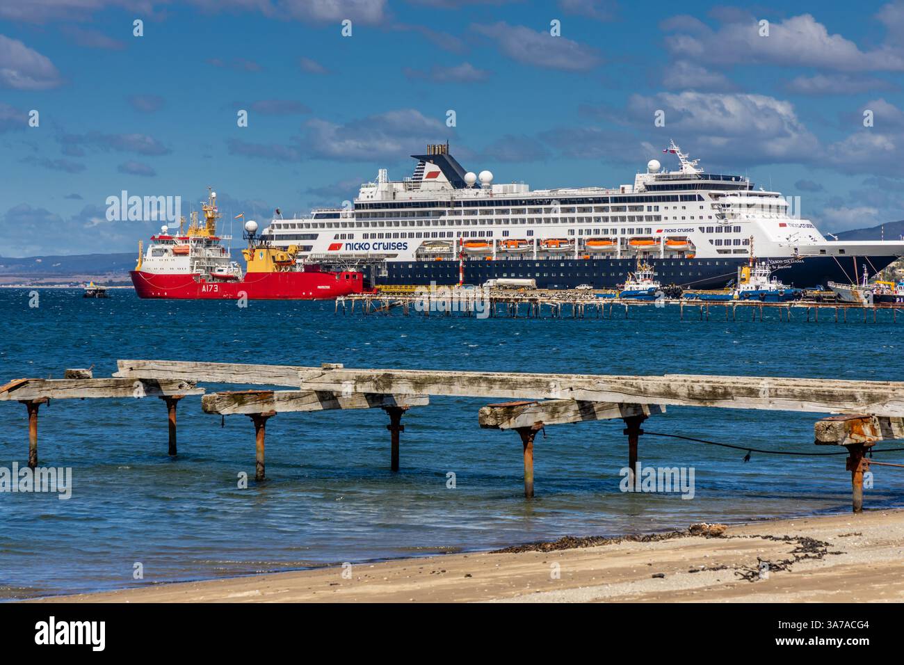 Ships in Punta Arenas. Big modern cruise liner in the sea seen from the ...