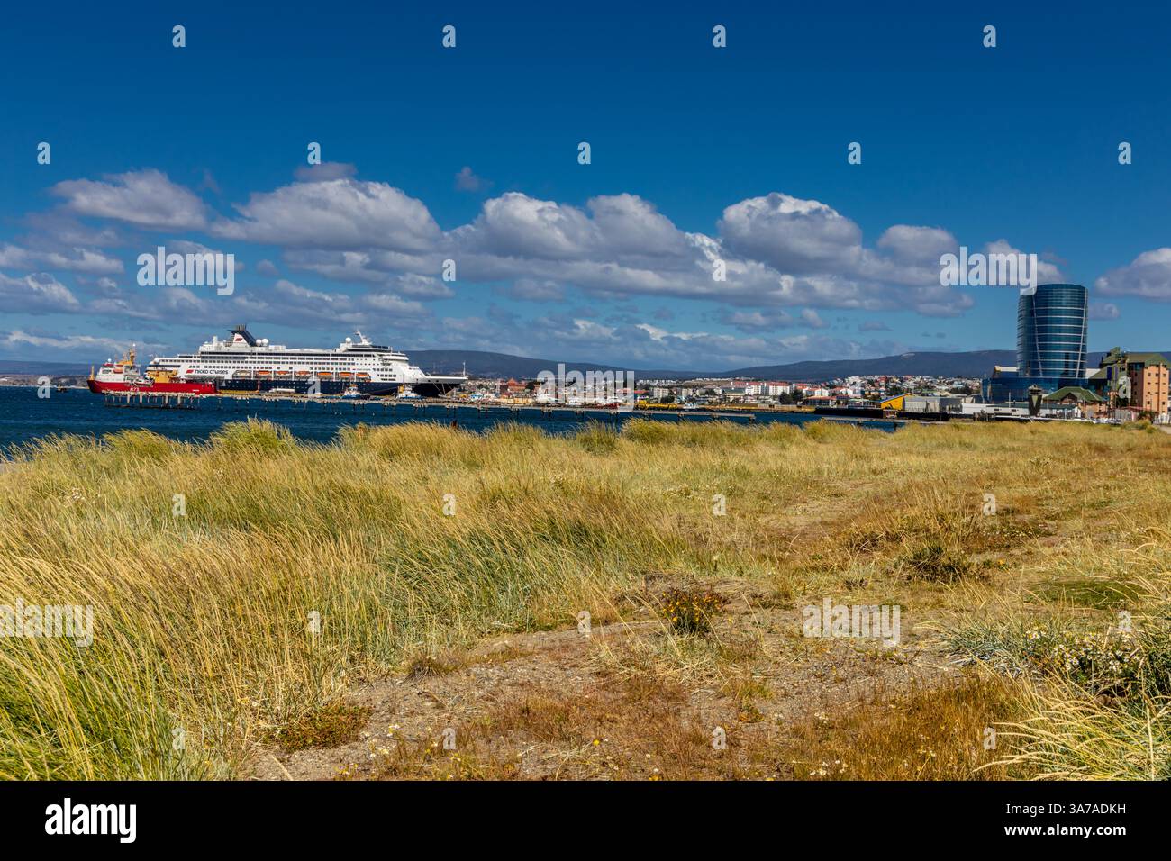 Ships in Punta Arenas. Big modern cruise liner in the sea seen from the ...