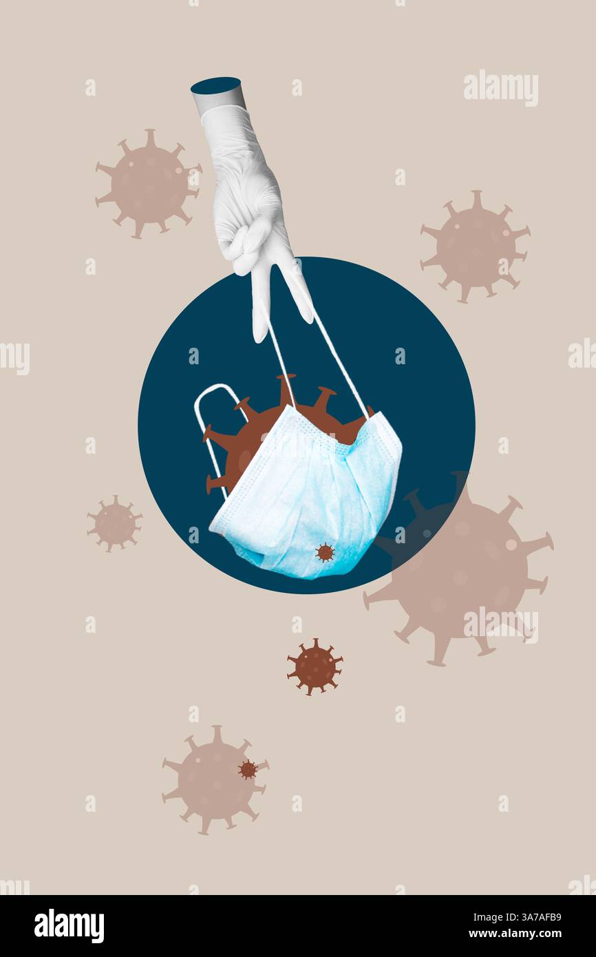 Pop image sketch 3d collage poster of hand hold protection mask ...