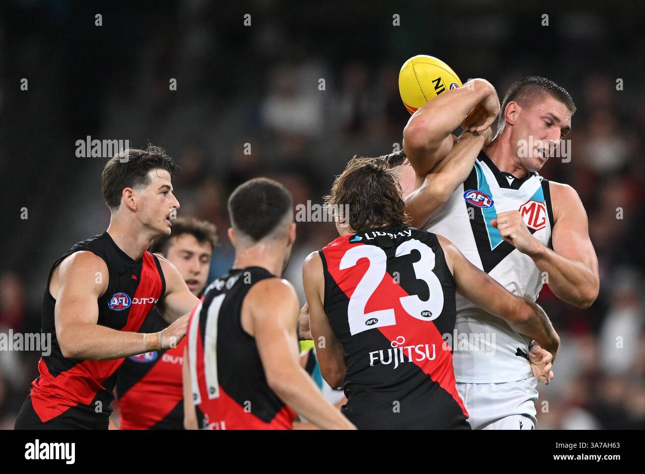 Jordan Sweet of Port Adelaide (right) in action during the AFL Round 3 ...