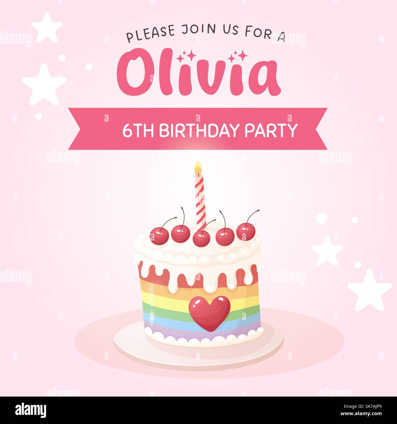 Cute birthday invitation design featuring rainbow cake with cherries ...