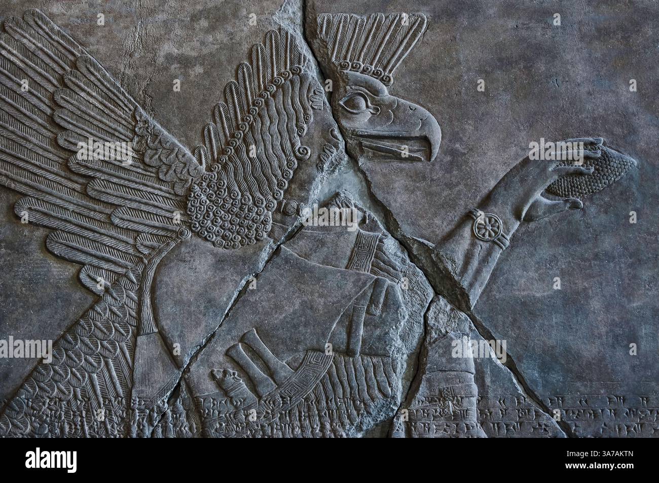 Ancient Neo Assyrian alabaster palace relief sculpture depicting Niroch ...