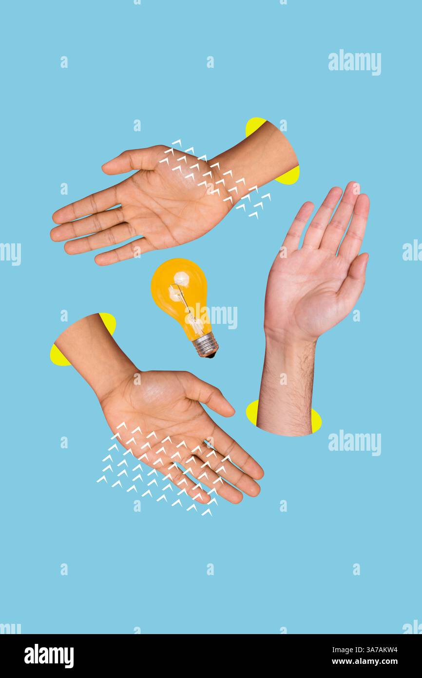 Creative abstract collage of hands waving show high five team work ...