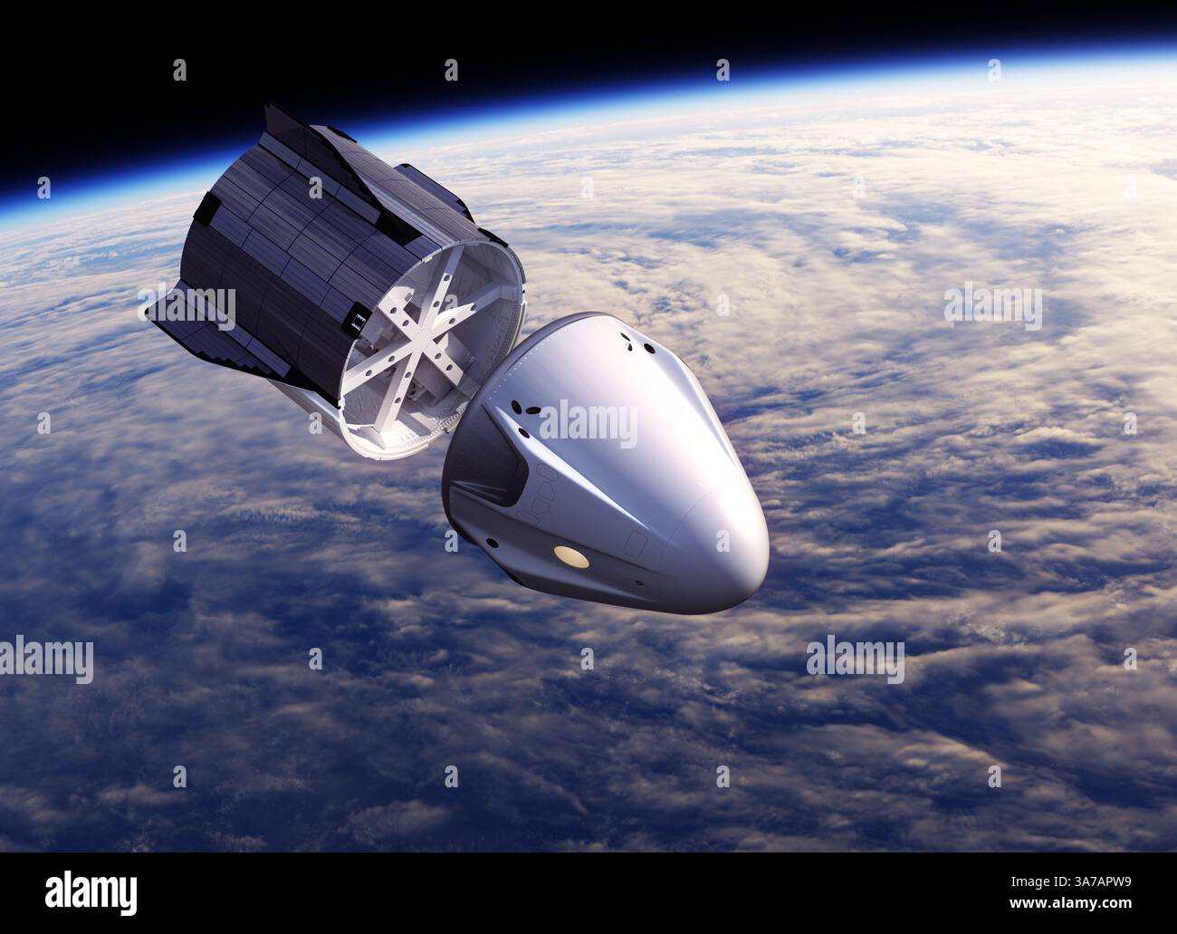 Separation of the descent module of the spacecraft. 3d illustration ...