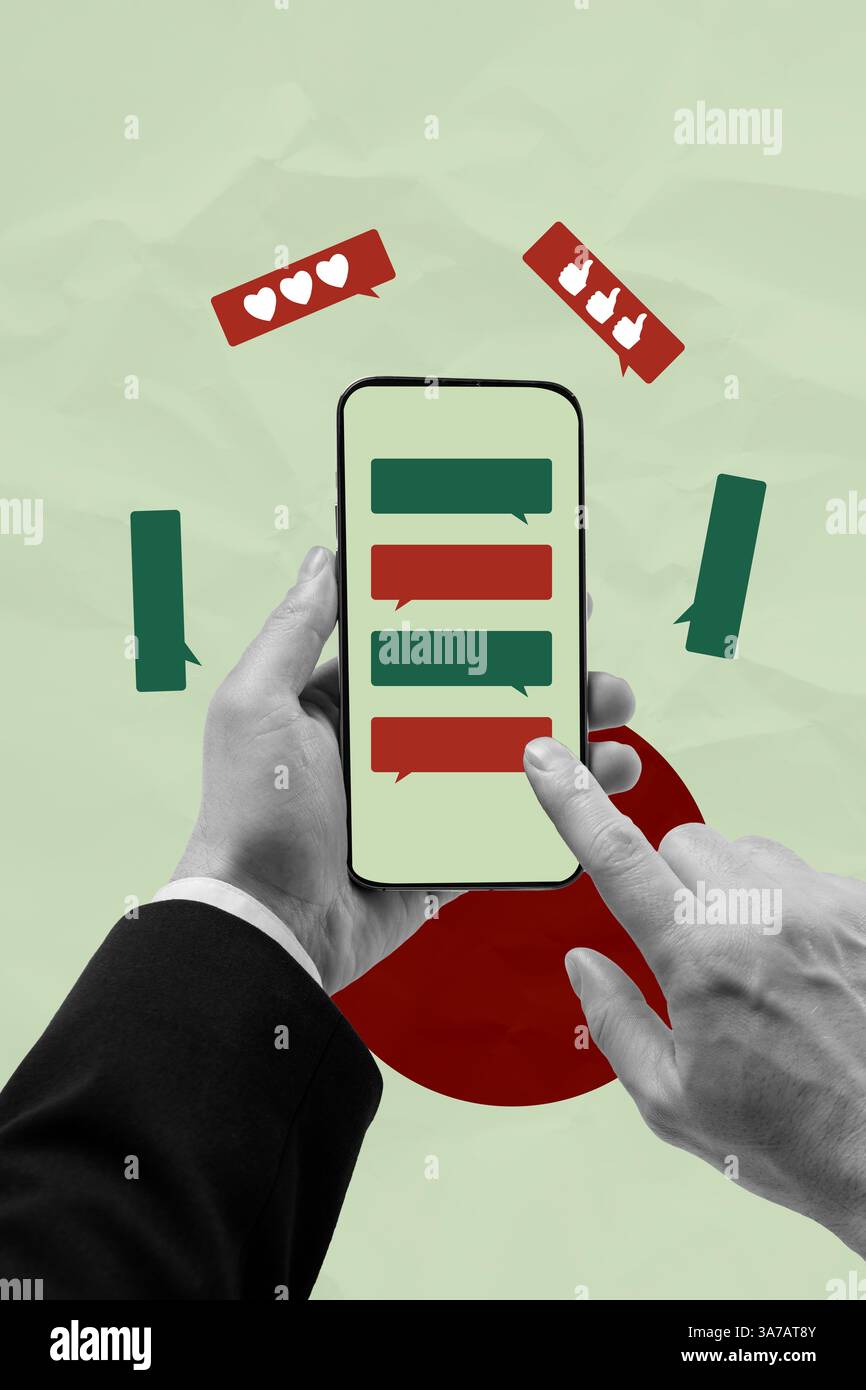 Creative pop collage of person using mobile app texting with like ...