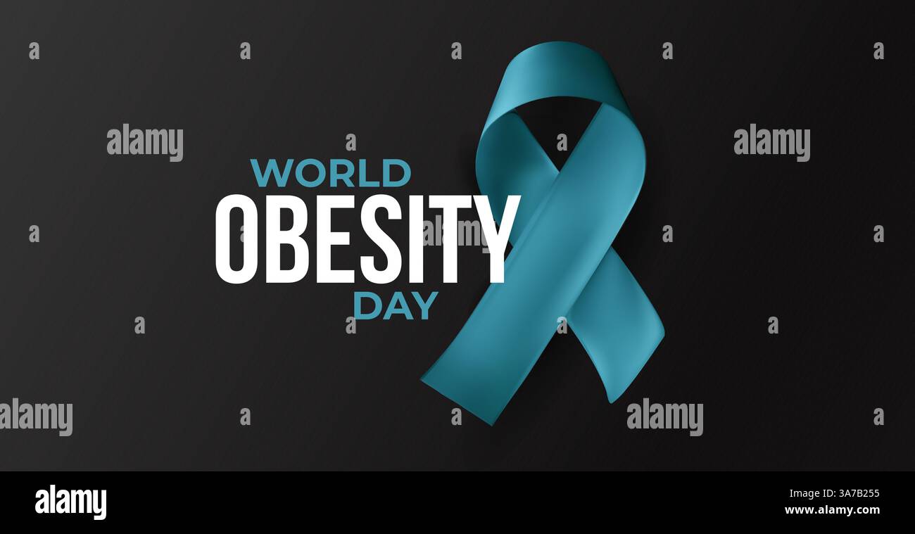 Teal awareness ribbon with World Obesity Day text promoting healthy ...