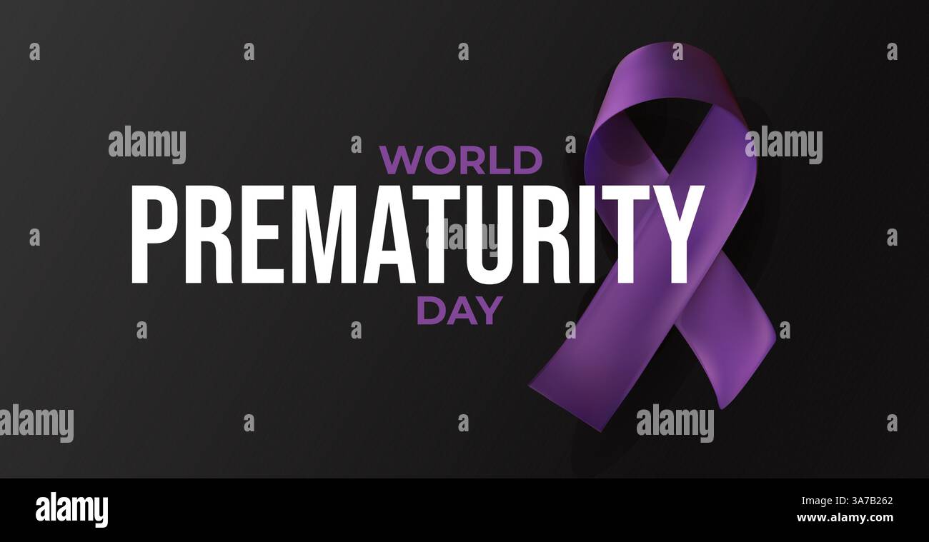 Purple ribbon beside World Prematurity Day message on black background ...