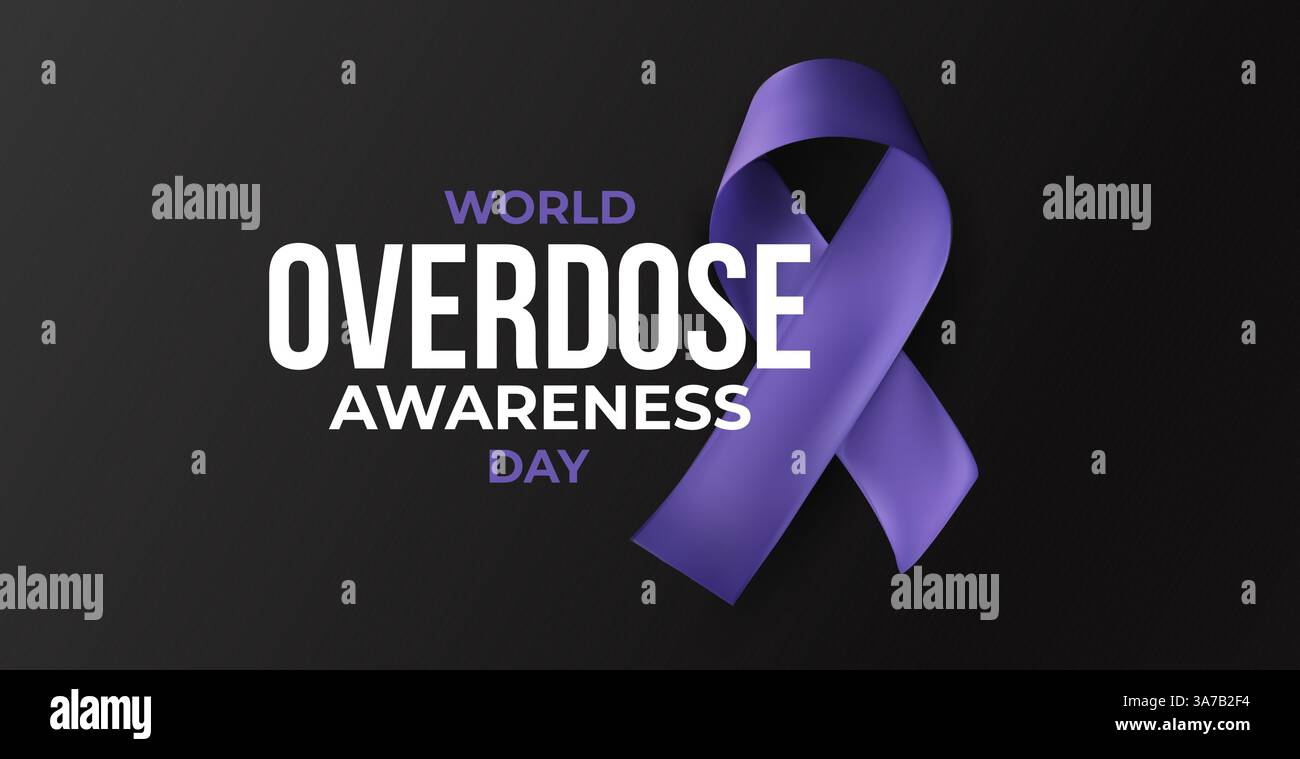 Purple ribbon and World Overdose Awareness Day title on black ...