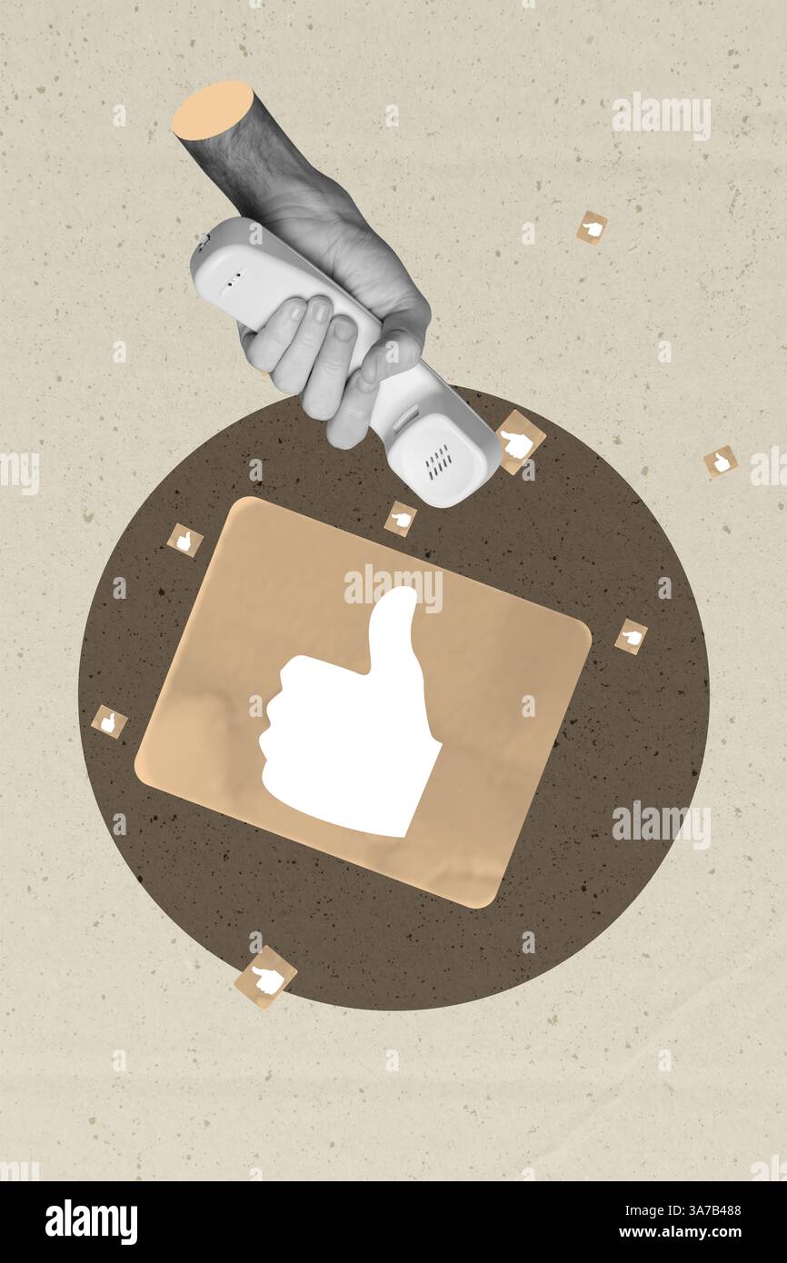Creative collage metaphor of big like button under hand hold retro ...