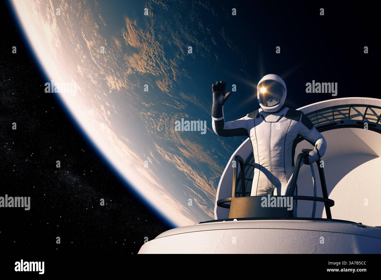 An astronaut steps out of a private spacecraft capsule into outer space ...