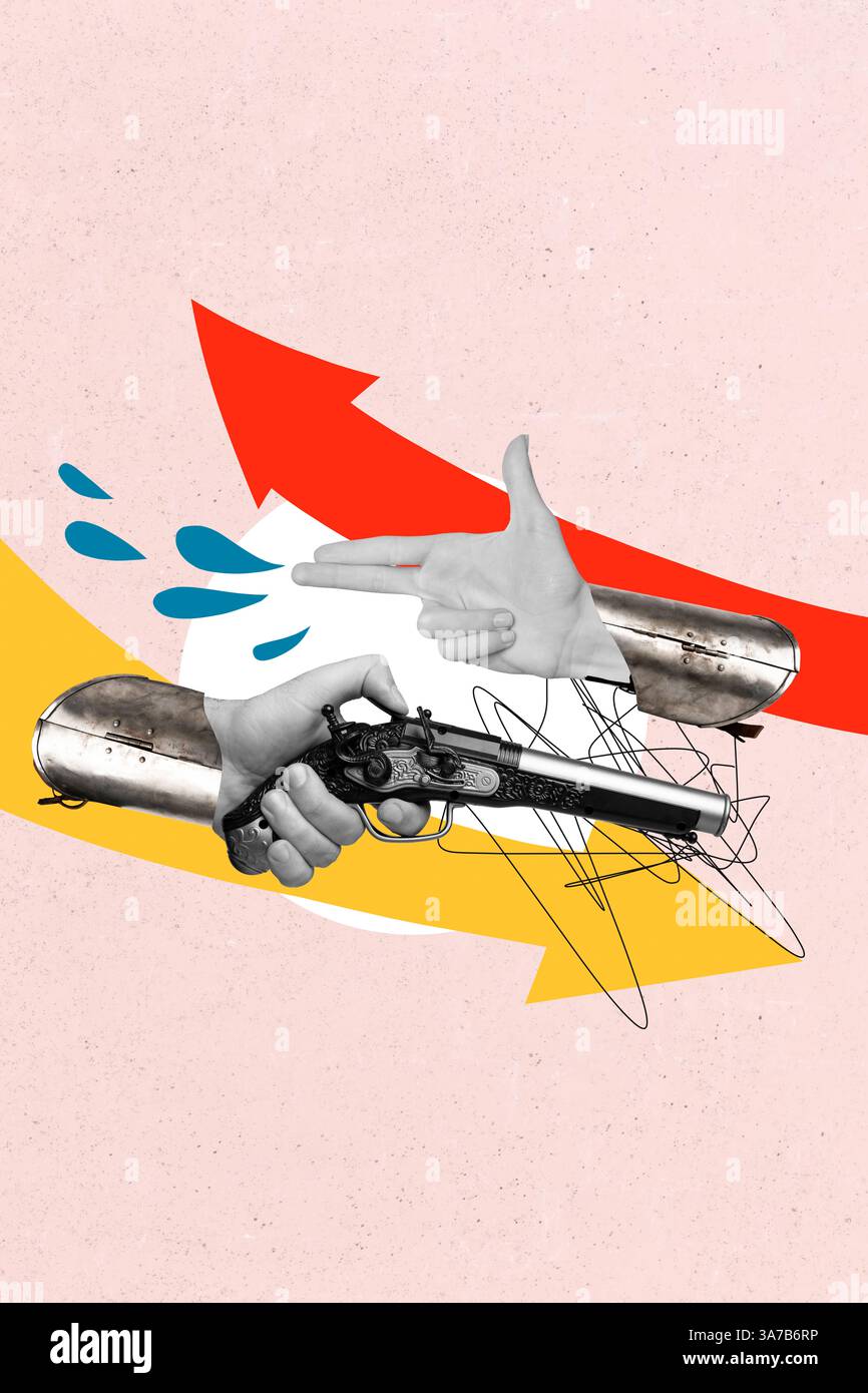 Vertical artwork trend collage of hands show weapon pistol handgun ...