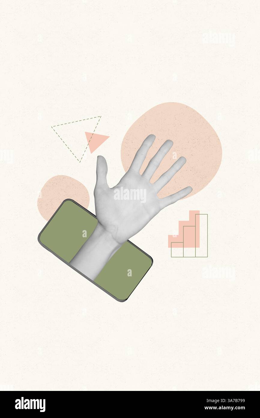 Poster metaphor collage of hand showing from device display greeting ...