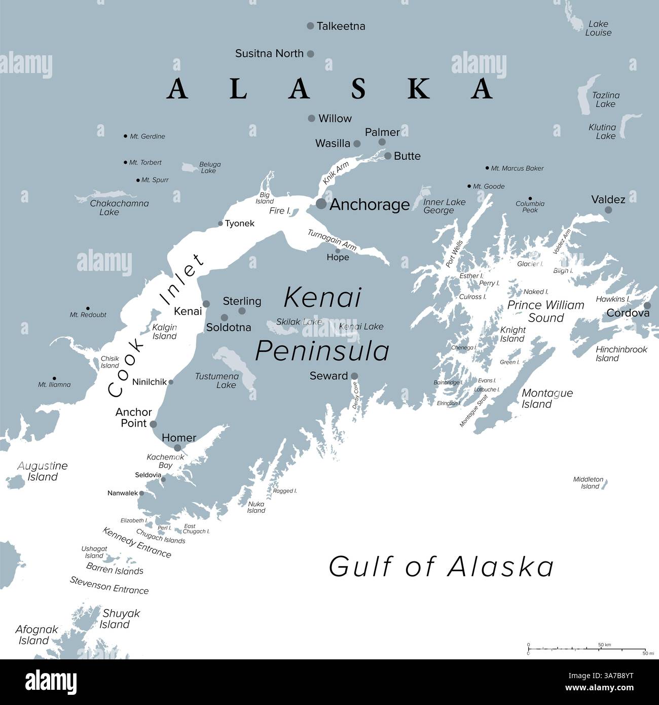 Anchorage and Kenai Peninsula, gray political map. Anchorage, most ...