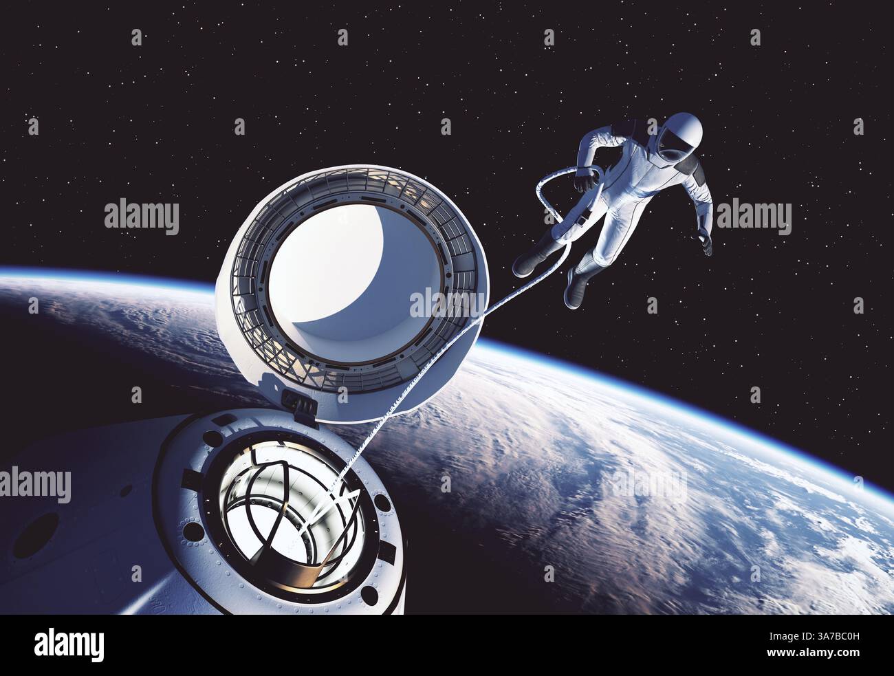 Astronaut spacewalk from private spacecraft capsule. 3D illustration ...