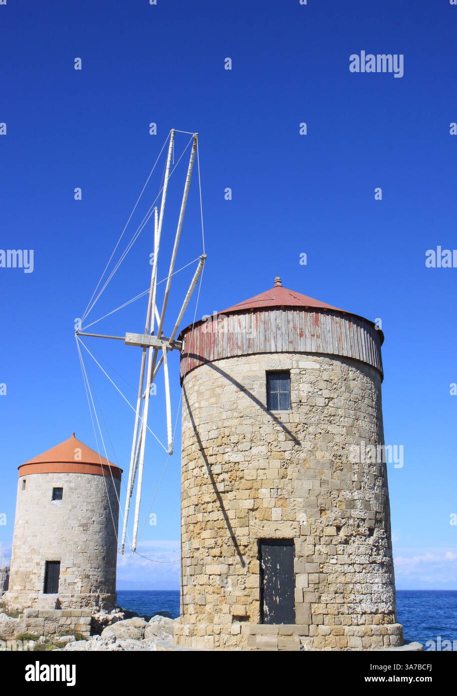 Historic and Traditional Old Windmills by the Sea in Rhodes, Greece ...