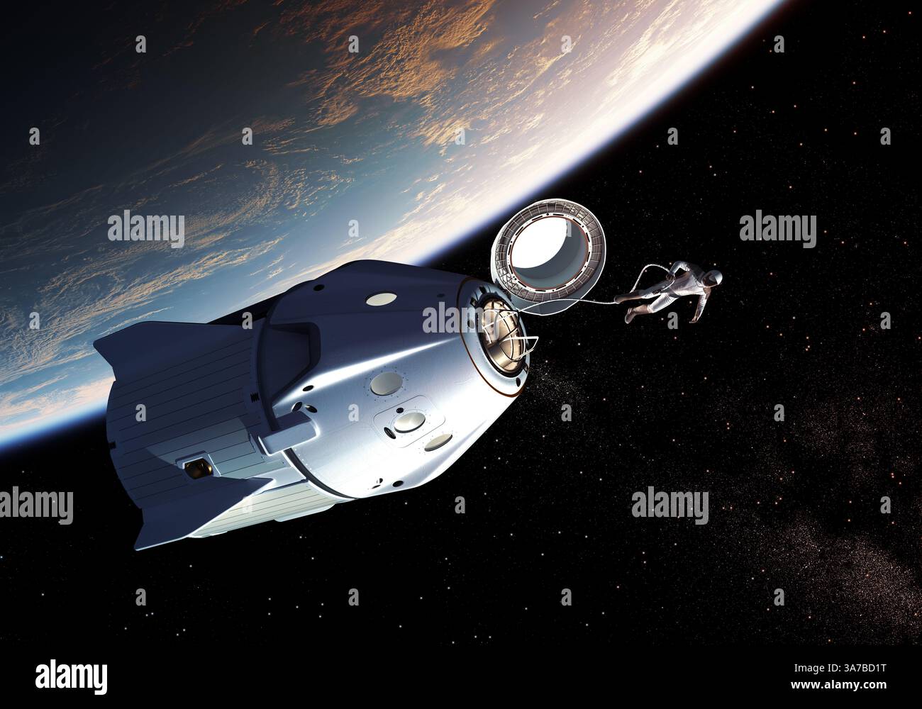 An astronaut walks into outer space from a private spacecraft capsule ...