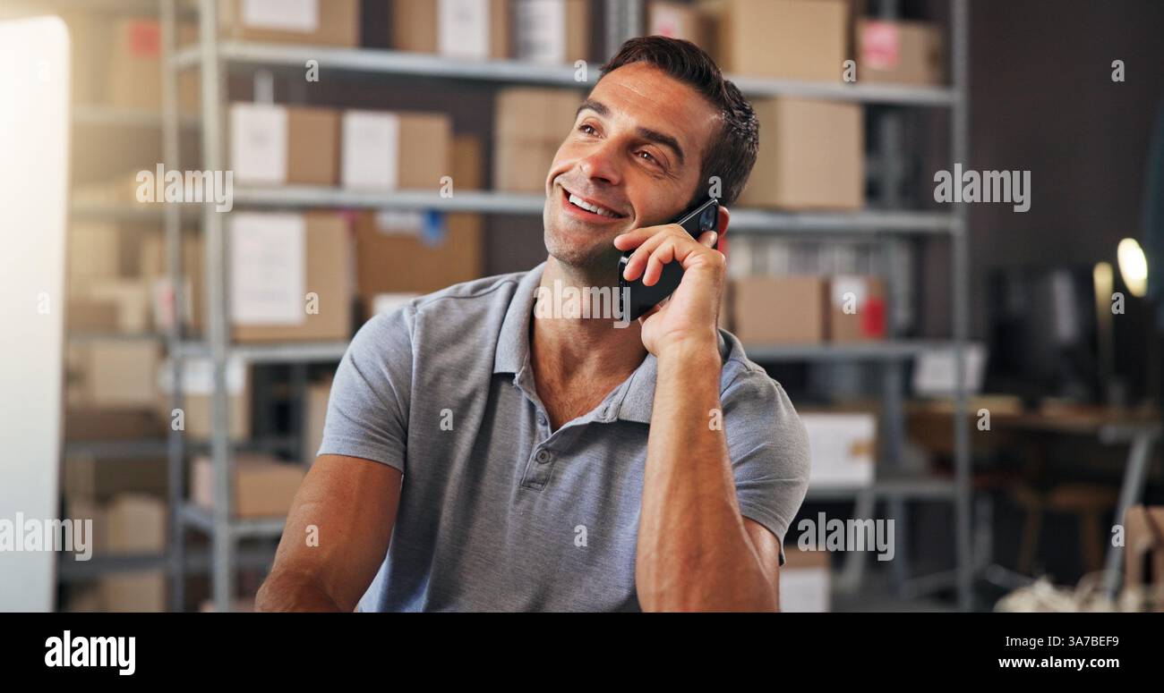 Logistics, phone call and smile with man in warehouse for communication ...