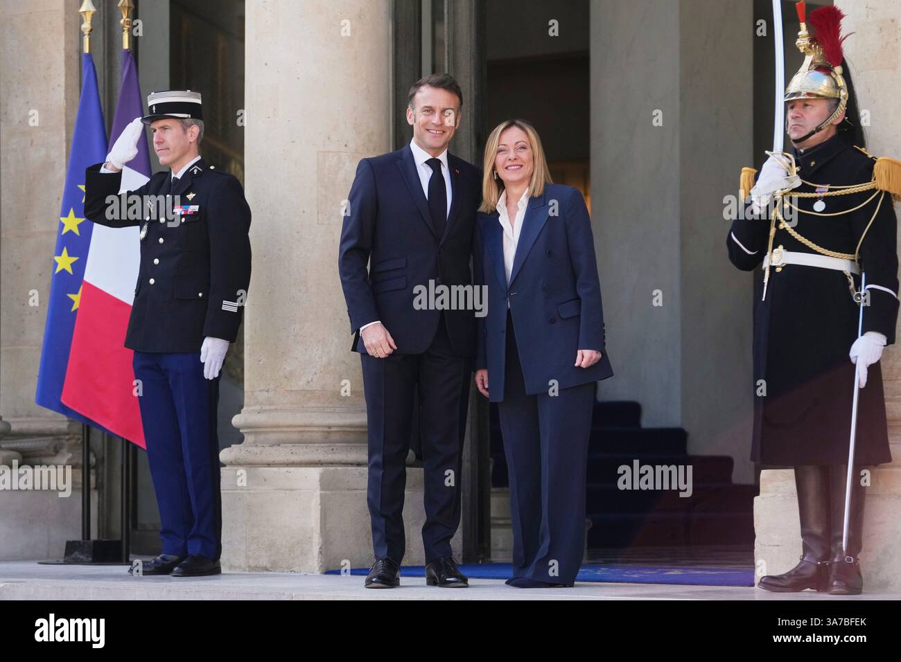French President Emmanuel Macron, center left, poses with Italy's Prime ...