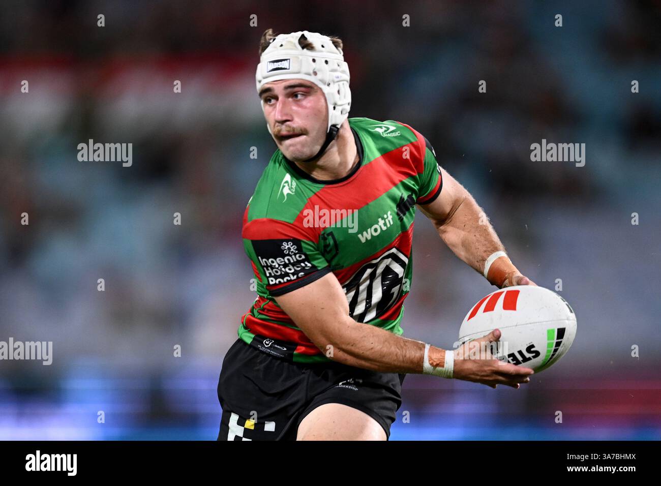 Sydney, Australia. 27th Mar, 2025. Jye Gray of the Rabbitohs looks to ...