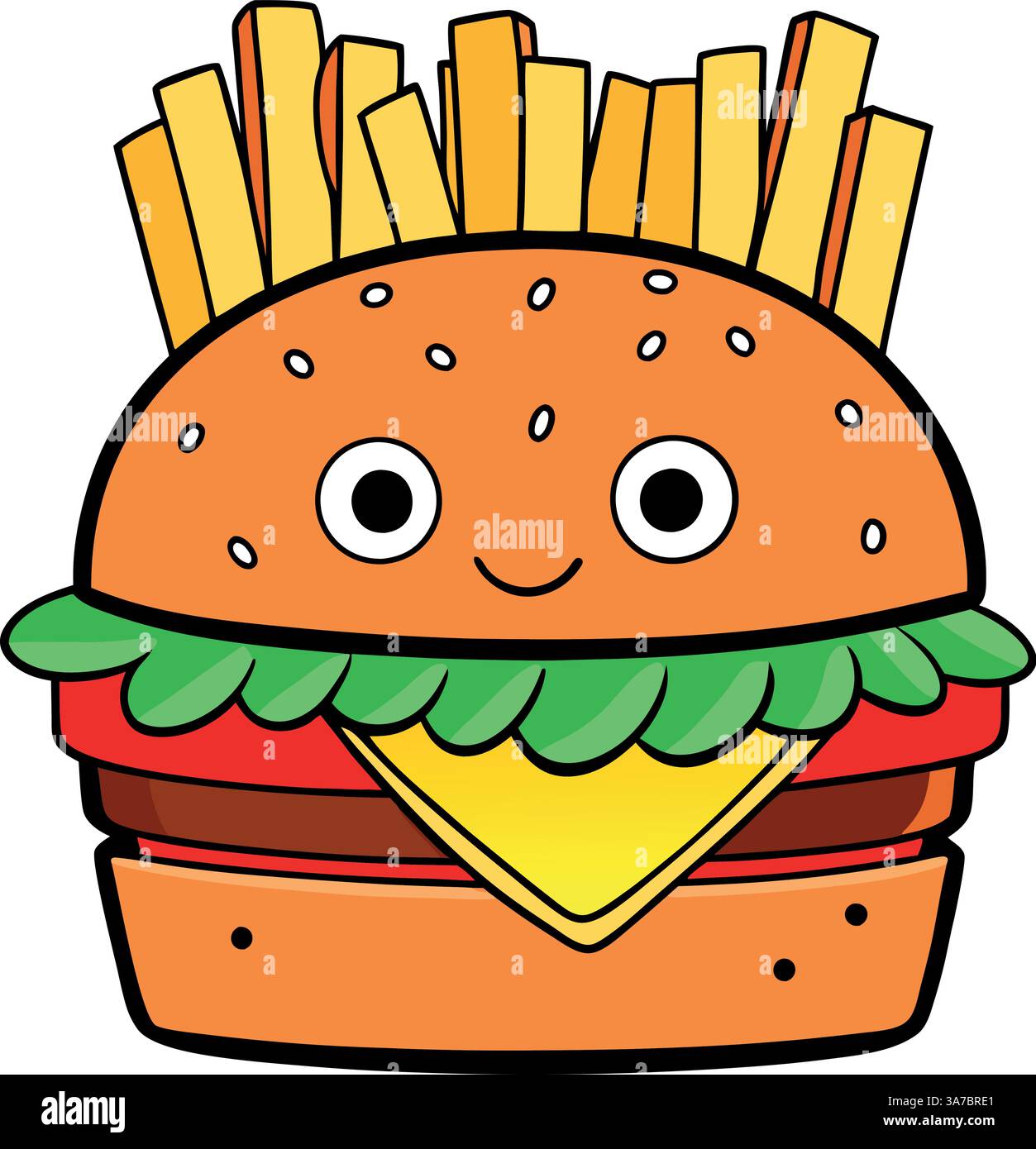 Cute smiling burger with french fries hairstyle and cheese in a fun ...