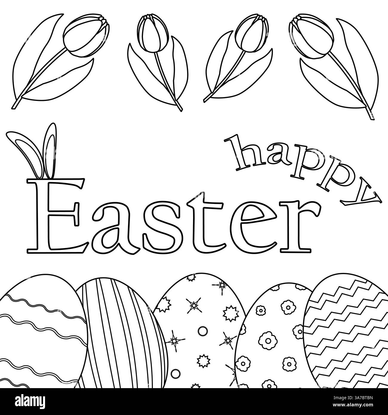 Black and white Easter-themed coloring page featuring tulips, decorated ...