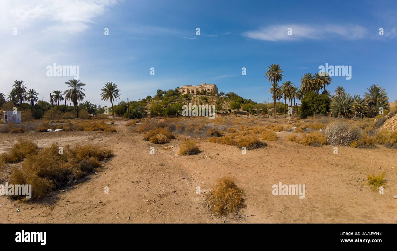 A desert landscape with scattered palm trees and a distant building ...