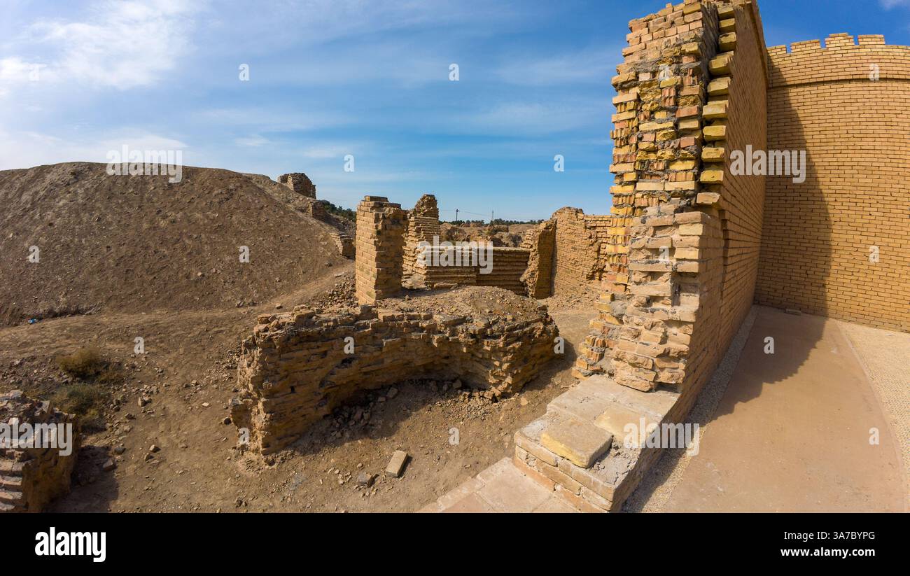 Ancient brick ruins under a clear blue sky, with partially standing ...