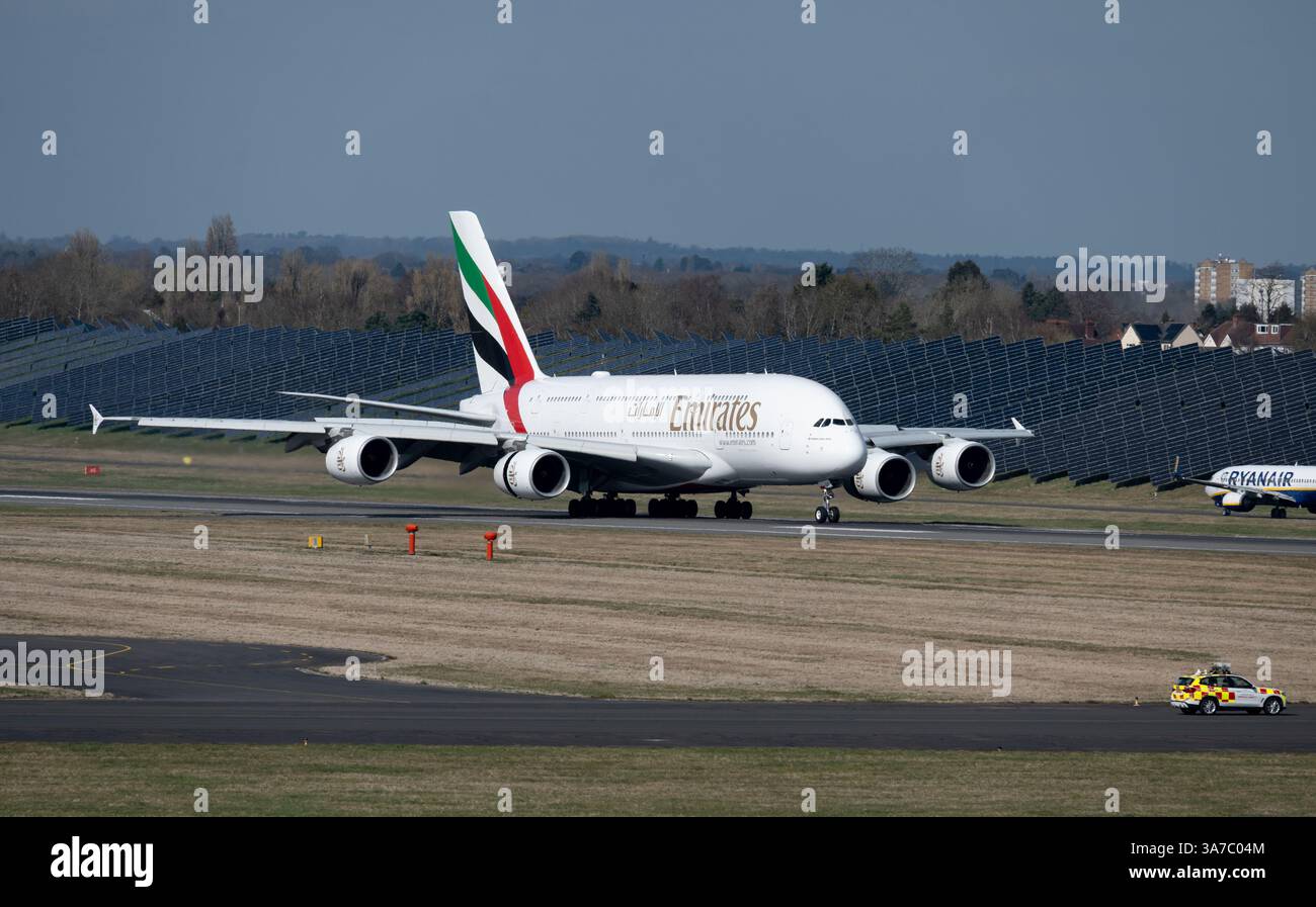 Emirates A380-842 landing at Birmingham Airport, UK (A6-EUY Stock Photo ...