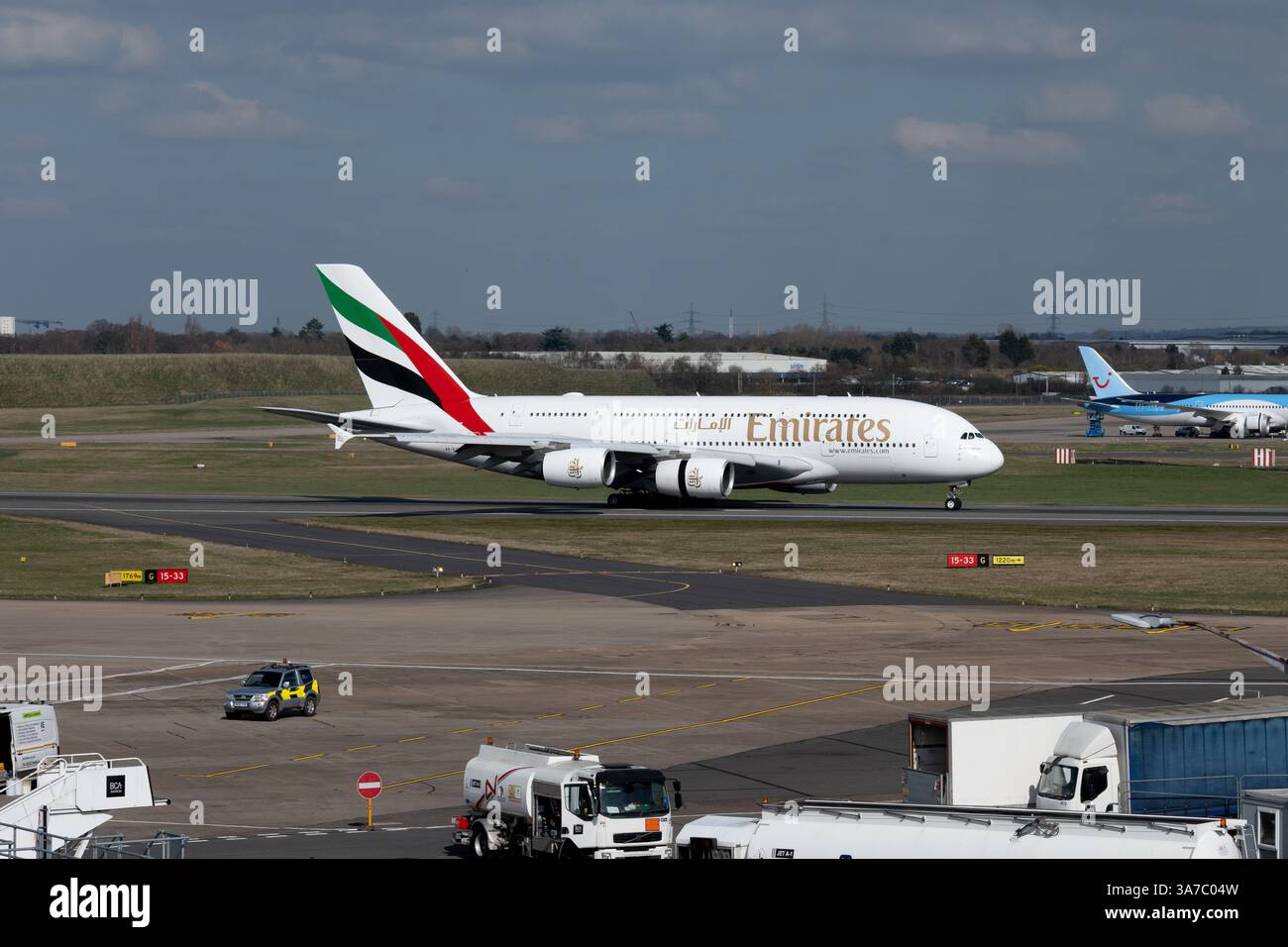 Emirates A380-842 landing at Birmingham Airport, UK (A6-EUY Stock Photo ...