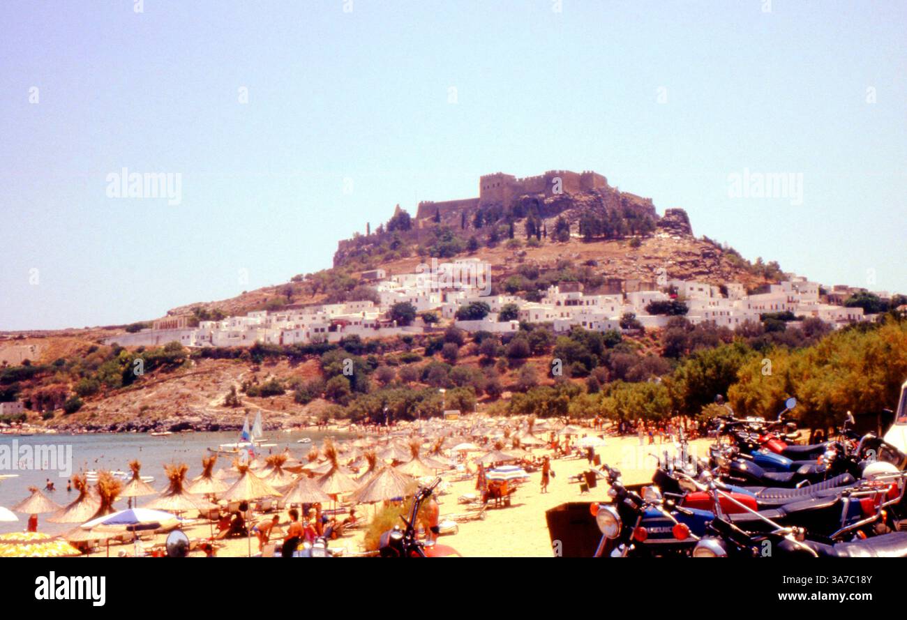 A vibrant 1960s view of Lindos, Rhodes, Greece, captured on 35mm slide ...