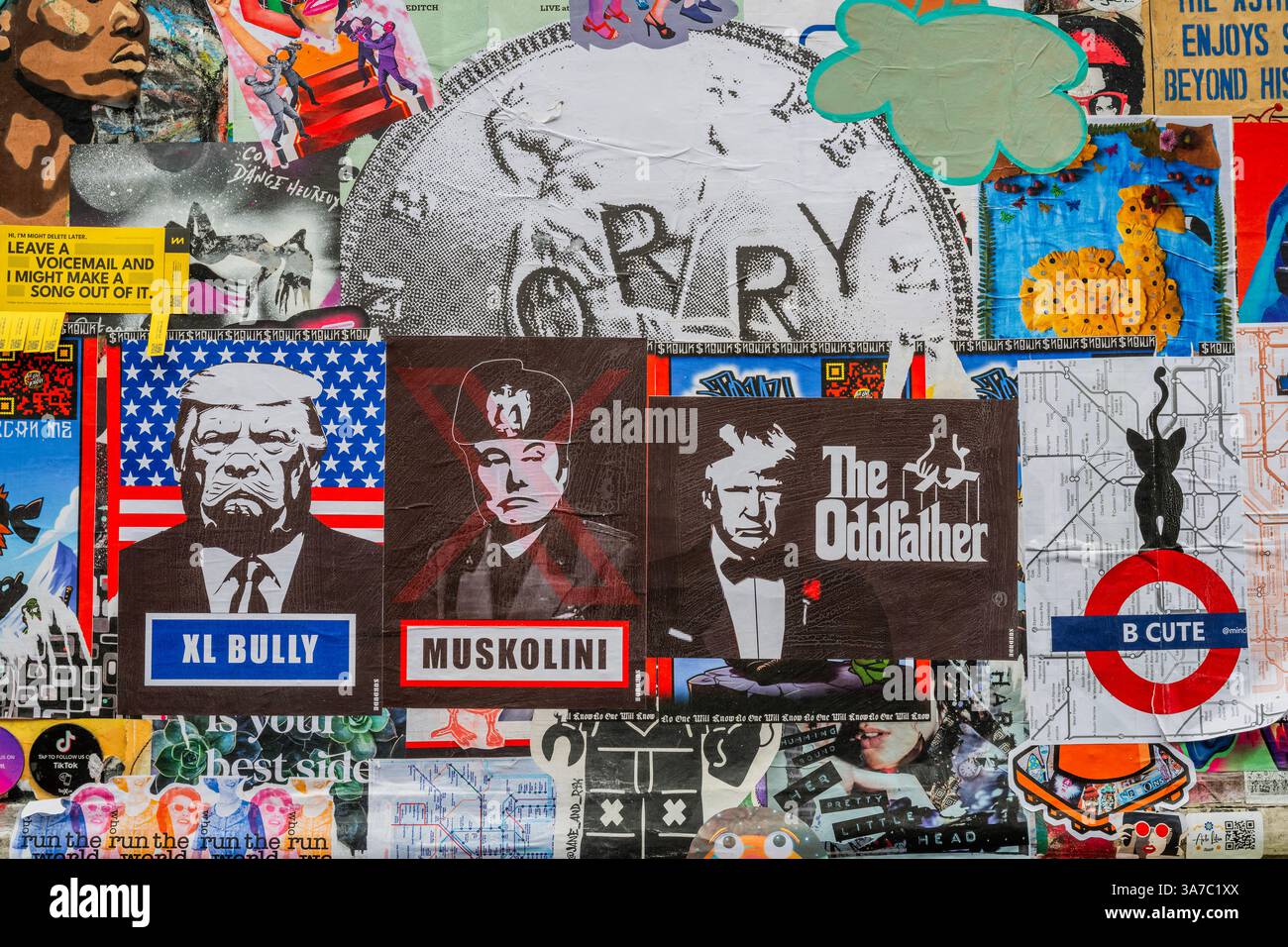London, UK. 26th Mar, 2025. Posters and graffiti depicting caricature ...