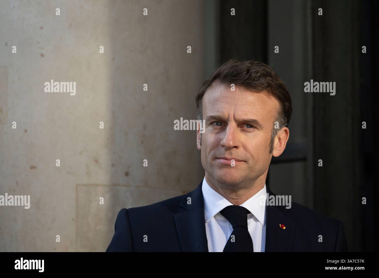 Paris, France. 27th Mar, 2025. France's President Emmanuel Macron looks ...