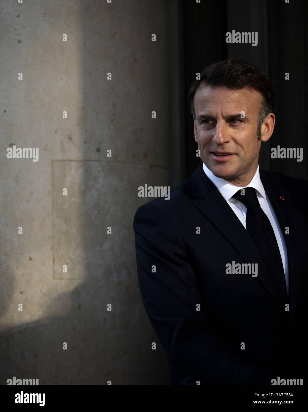 Paris, France. 27th Mar, 2025. France's President Emmanuel Macron looks ...