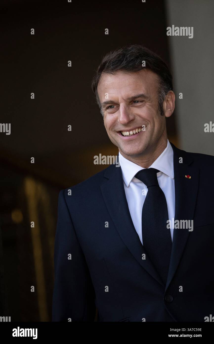 France's President Emmanuel Macron looks and gestures before a summit ...