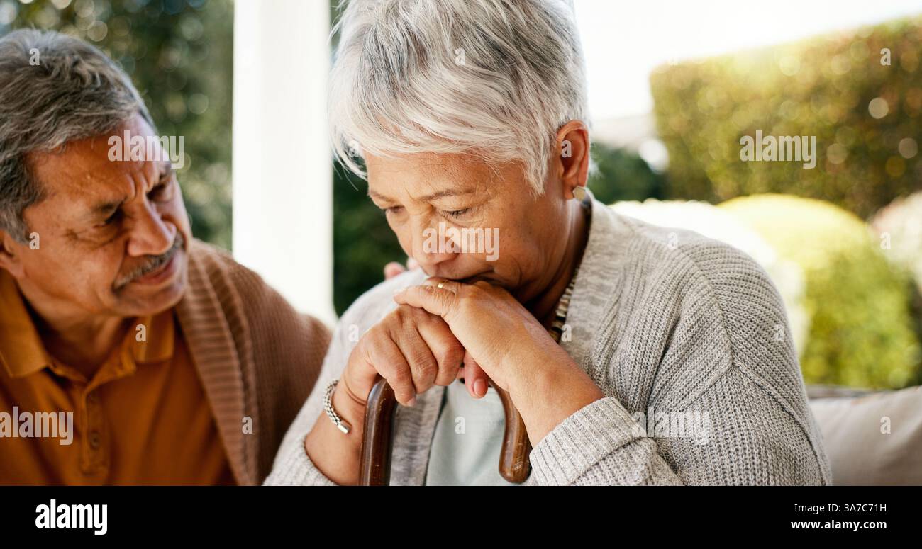 Senior, couple and sad with support by home for grief, loss or empathy with mourning. Elderly ...