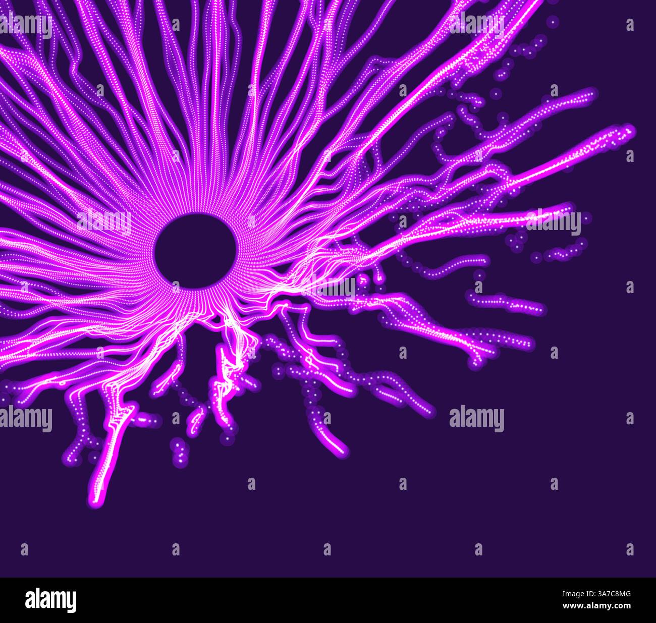 Abstract science or technology background. Hole made from flying particles. Array with dynamic ...