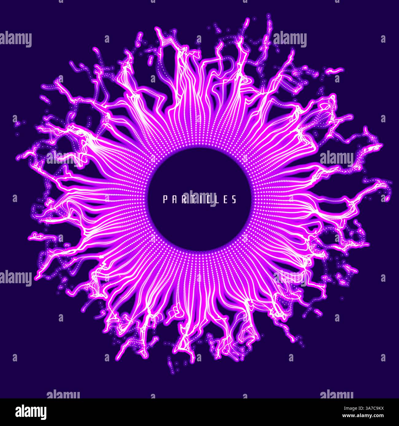 Abstract science or technology background. Hole made from flying particles. Array with dynamic ...