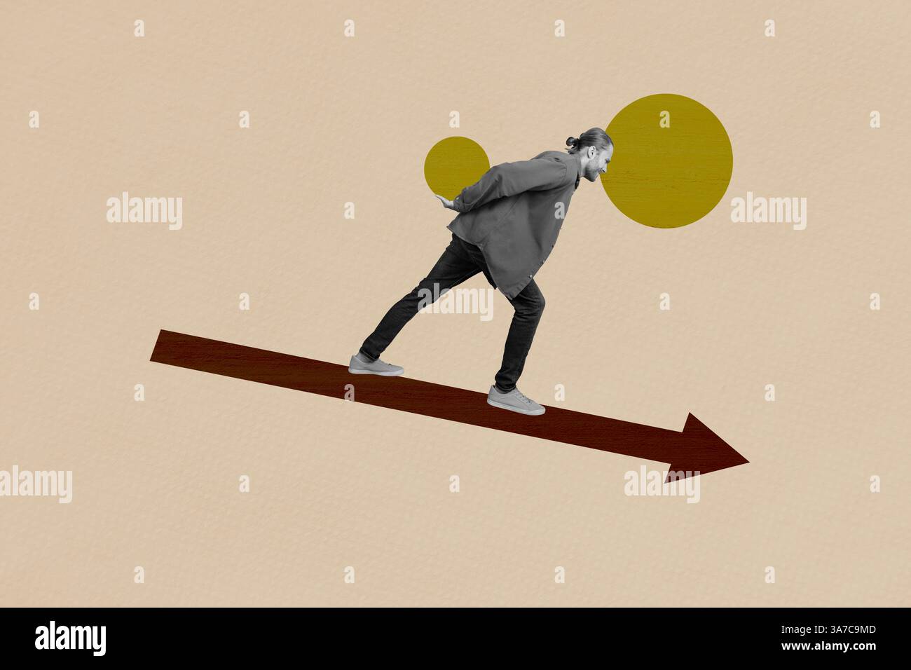 Creative sketch art collage of puzzled man step arrow decline ...