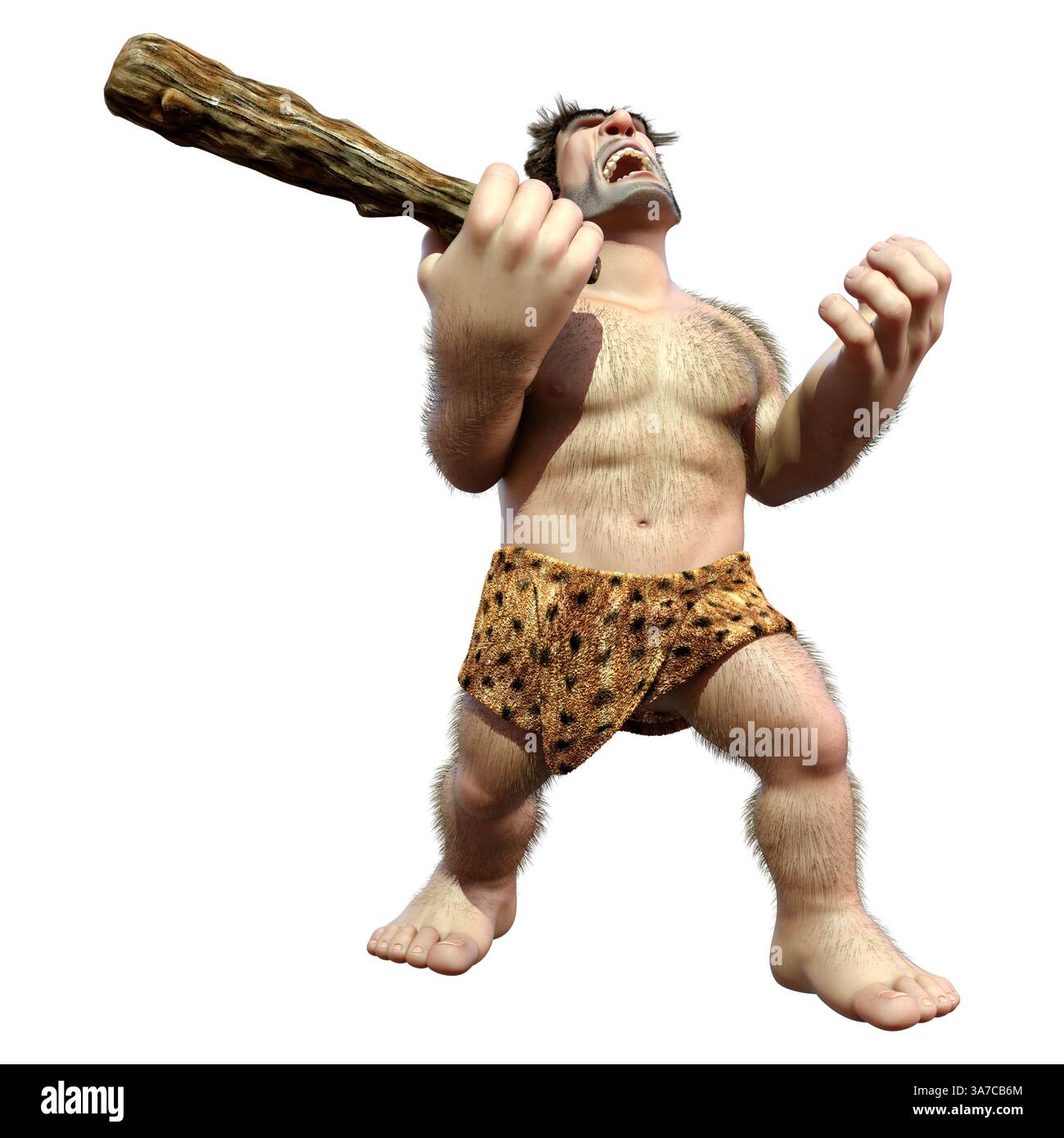 3D rendering of a cartoon caveman holding a club isolated on white ...