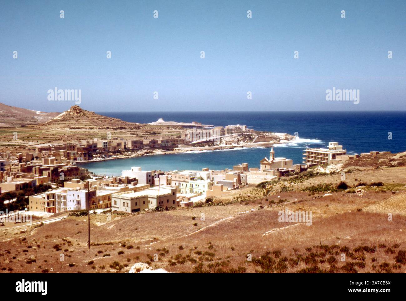 A stunning 1960s view over Marsalforn Bay on the island of Gozo, Malta ...