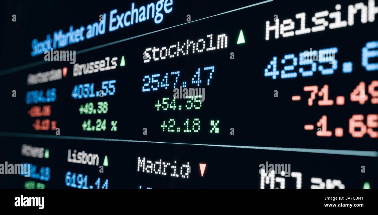 Close up trading screen, stock market data, Stockholm, Helsinki. Close ...