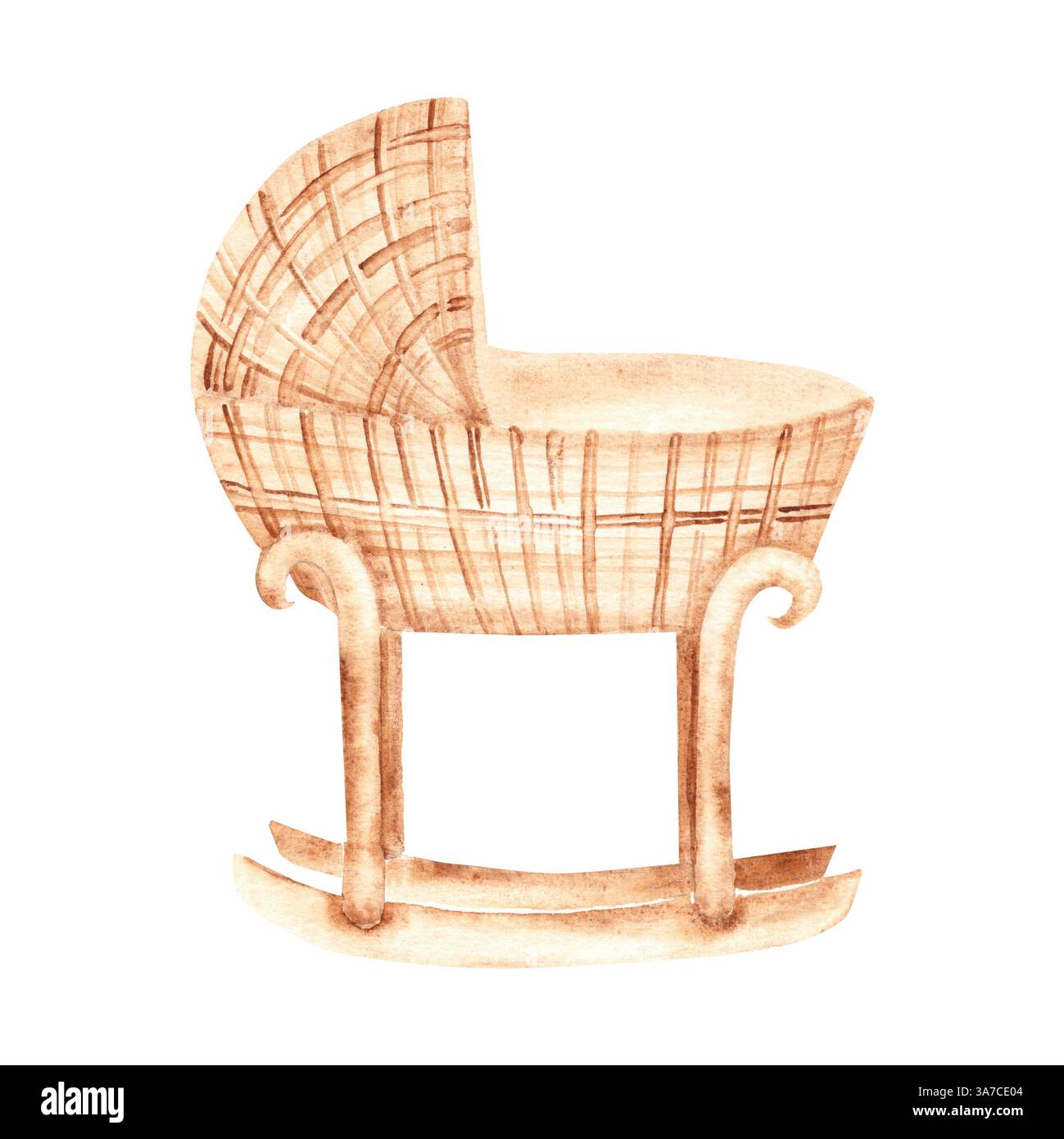 Baby cradle from rattan. Hand drawn Watercolor Crib illustration in eco ...