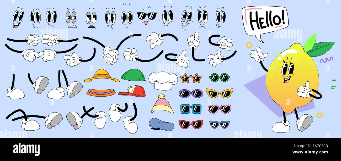 Lemon character creation kit with cartoon hands, legs in shoes, eyes ...