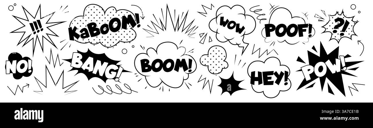 Comic book action words - kaboom, bang, boom, wow and pow in pop art style. Black and white ...