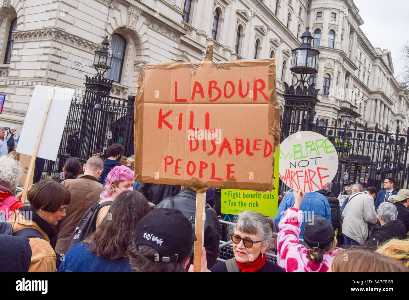 London, UK. 26th March 2025. Protesters gather outside Downing Street ...